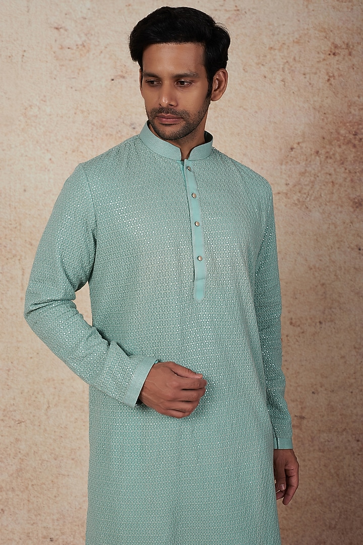 Turquoise Blue Lucknowi Kurta Set by Nero by Shaifali & Satya at Pernia's Pop Up Shop 2024