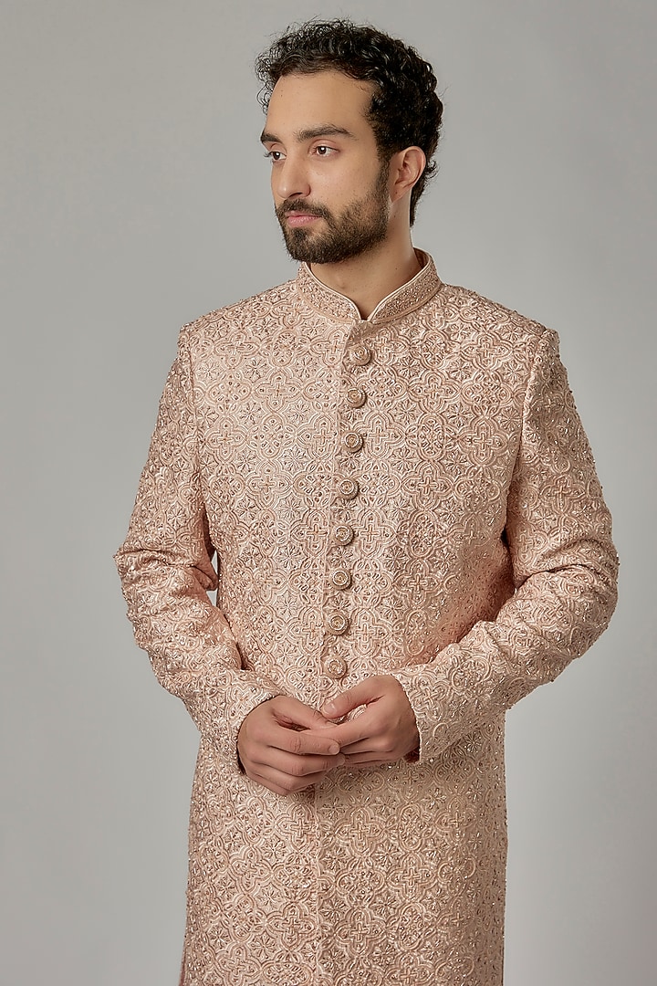 Onion Pink Lucknowi Wedding Sherwani Set by Nero by Shaifali & Satya at ...