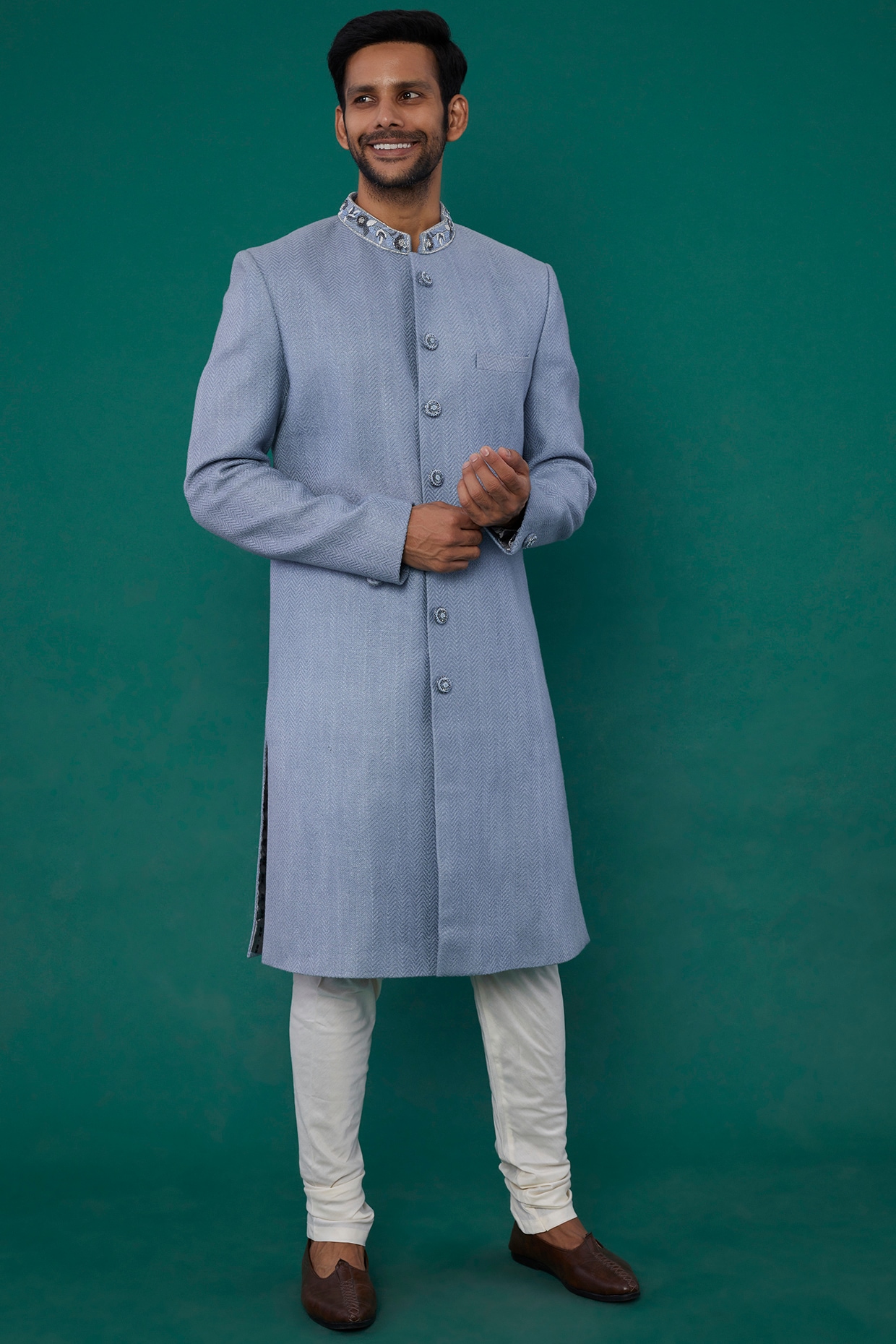 Lilac Matka Silk Wedding Sherwani Set by Nero by Shaifali & Satya at ...