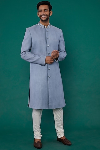 Lilac Matka Silk Wedding Sherwani Set by Nero by Shaifali & Satya at ...