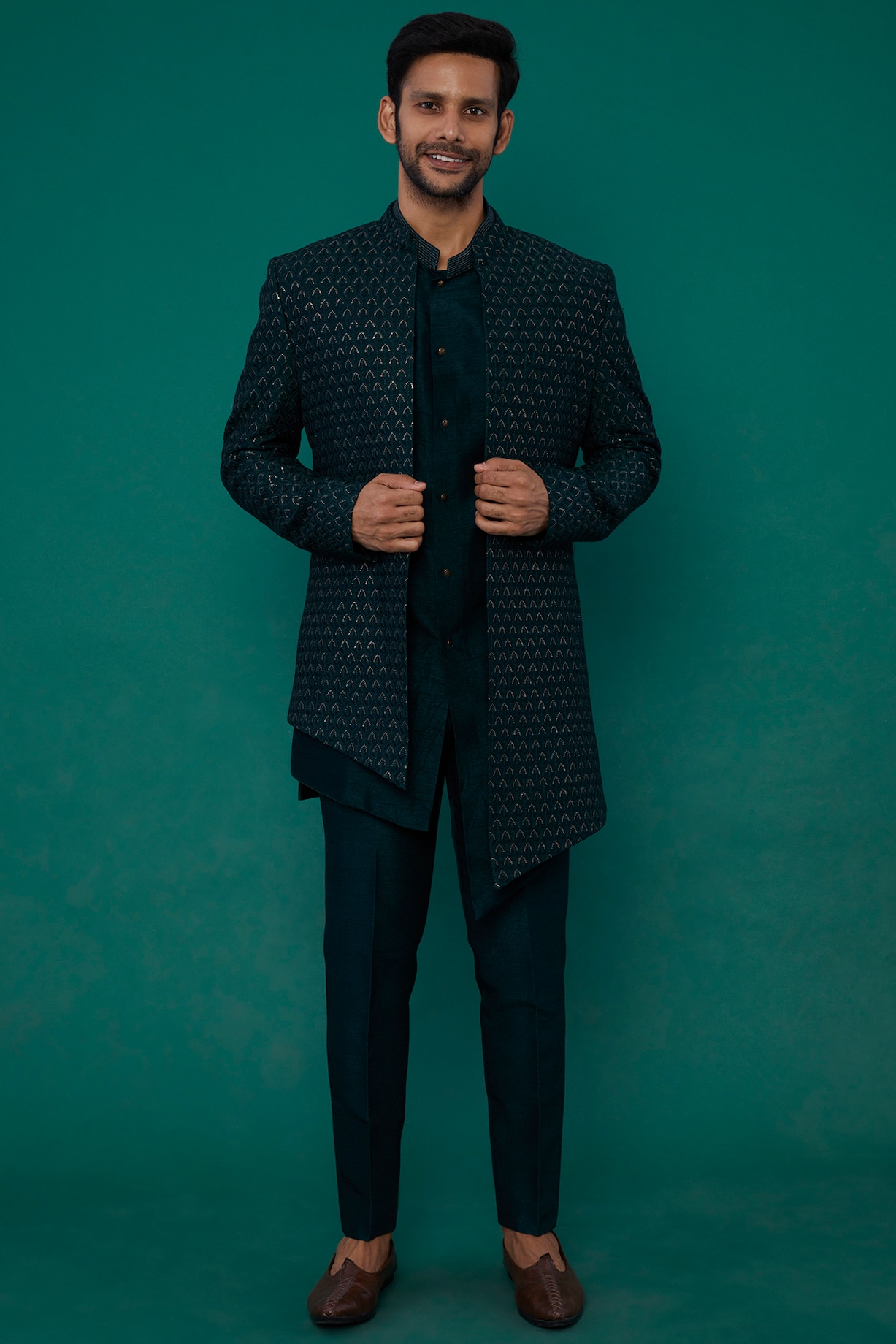 Bottle Green Lucknowi Indowestern Set by Nero by Shaifali & Satya at ...