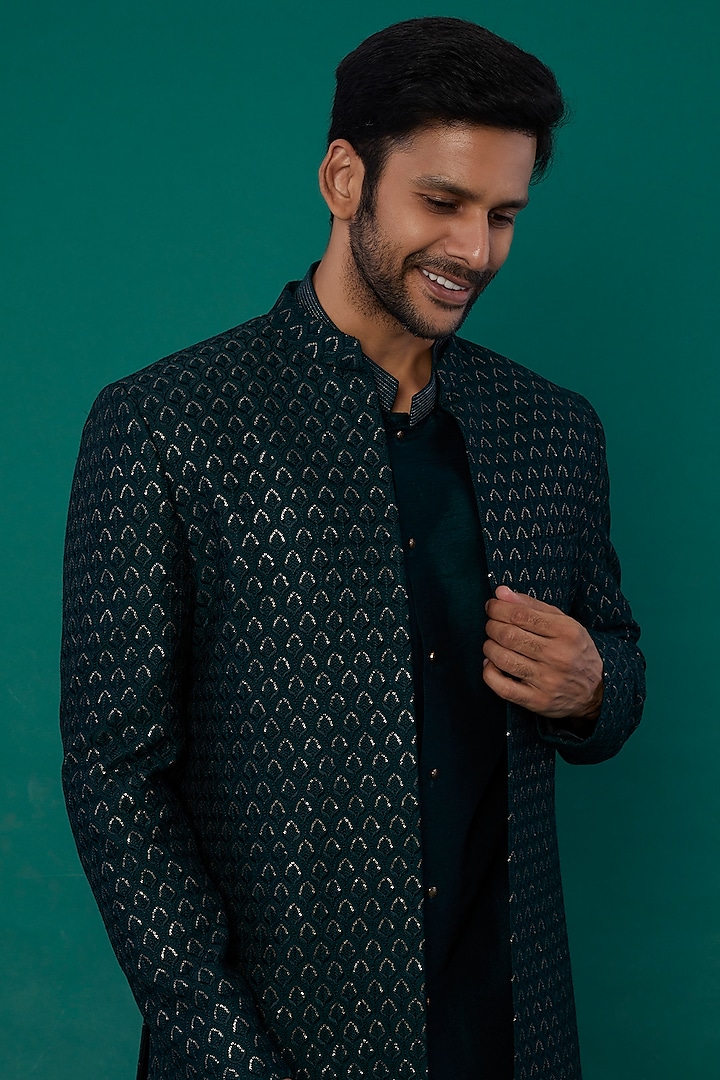 Bottle Green Lucknowi Indowestern Set by Nero by Shaifali & Satya at ...