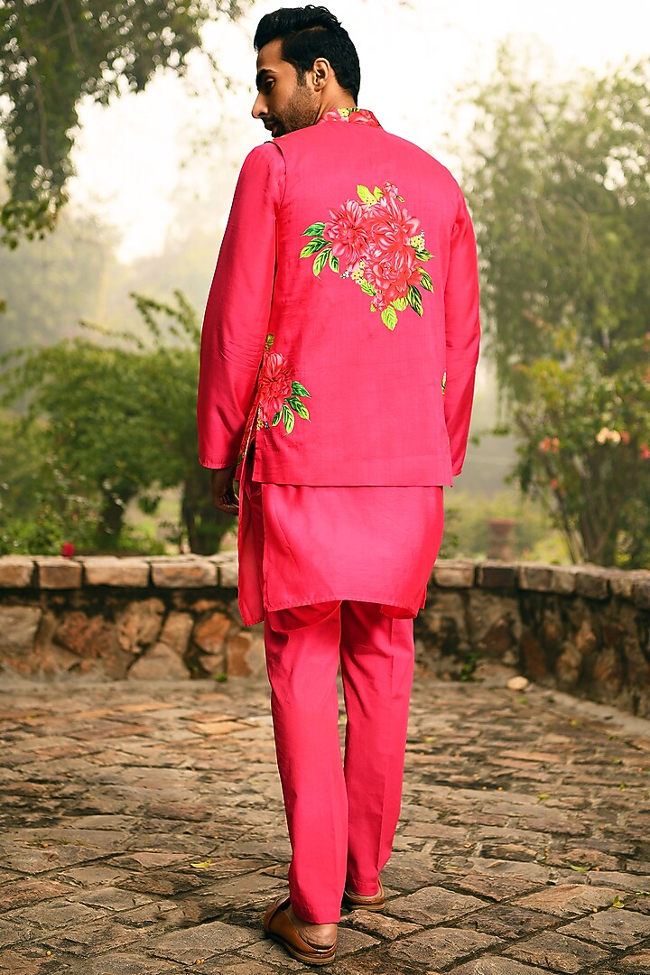 Reddish-Pink Floral Printed Nehru Jacket With Kurta Set by Neha Chopra ...