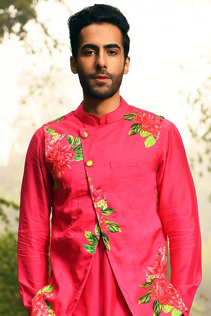 Reddish-Pink Floral Printed Nehru Jacket With Kurta Set by Neha Chopra ...