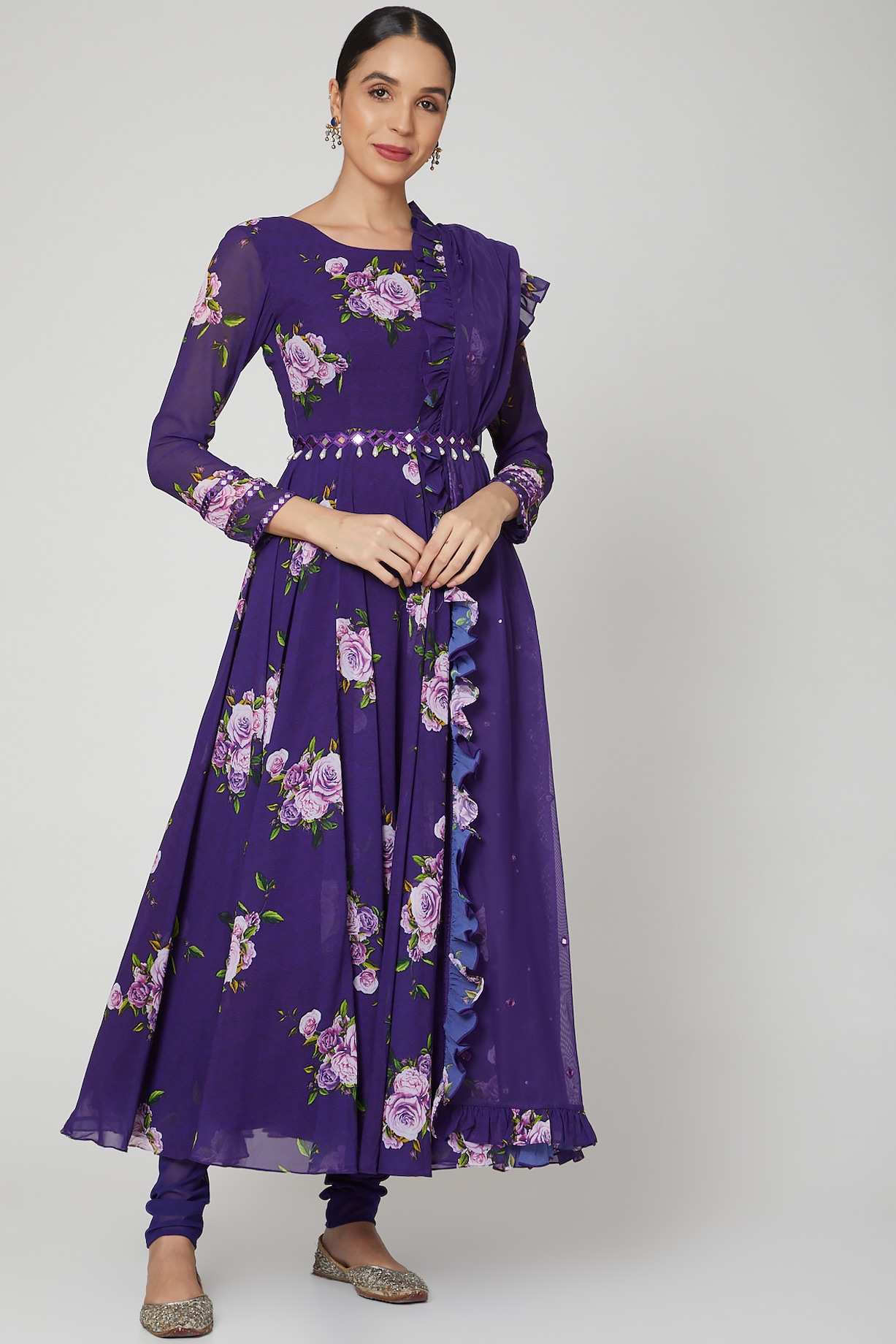 Deep Purple Printed & Embroidered Anarkali Set by Neha Chopra Tandon at ...