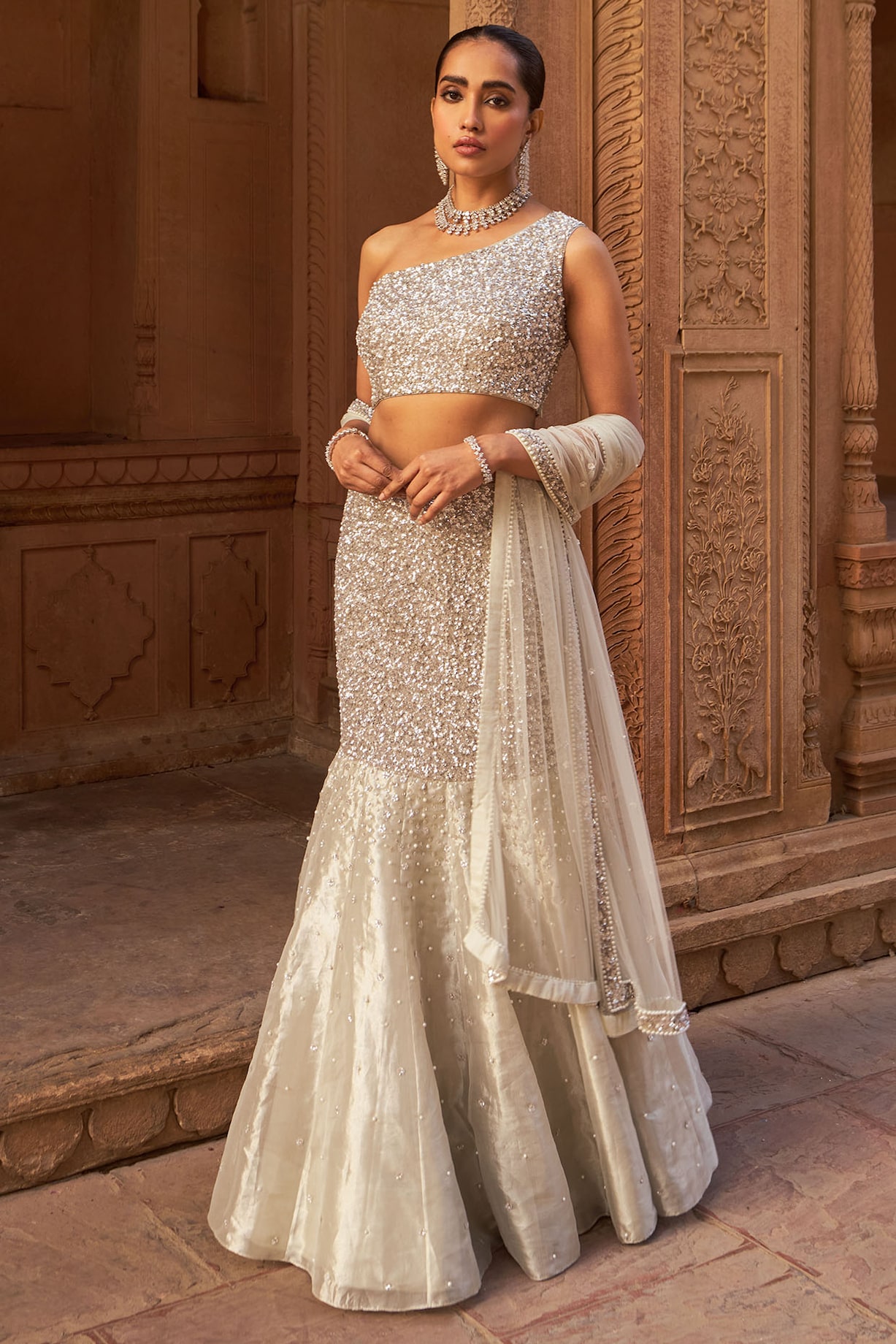 Silver Tissue Sequins Embroidered Fish-Cut Wedding Lehenga Set by ...