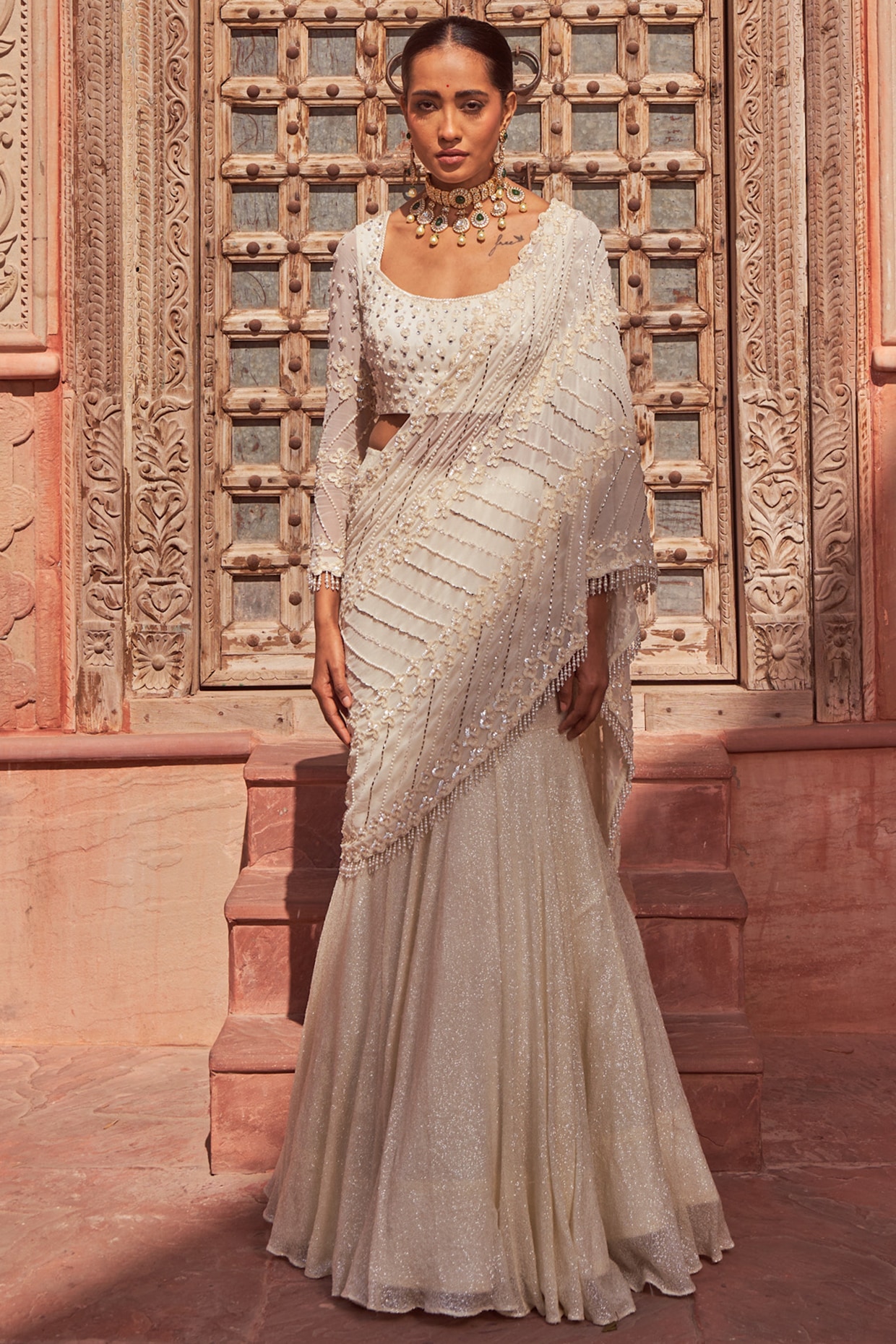 Ivory Sequins Georgette Embroidered Draped Lehenga Saree Set by Nidhika ...