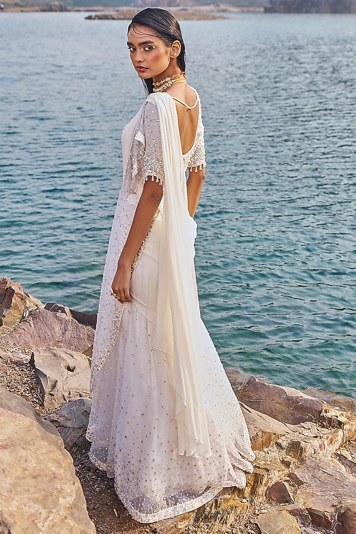 Ivory Organza & Georgette Sequins Embroidered Ruffled Draped Saree Set ...