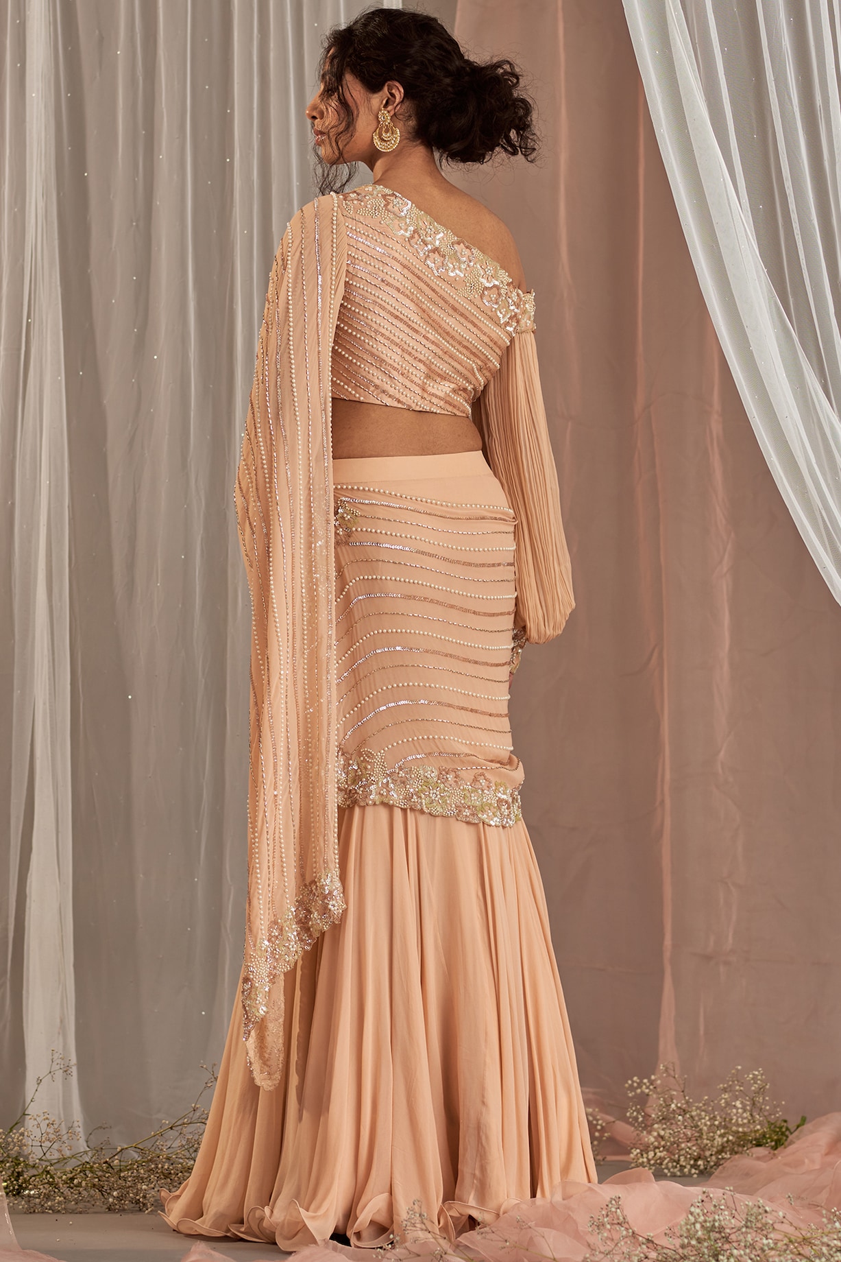 Salmon Pink Hand Embroidered Fish Cut Saree Set by Nidhika Shekhar at ...