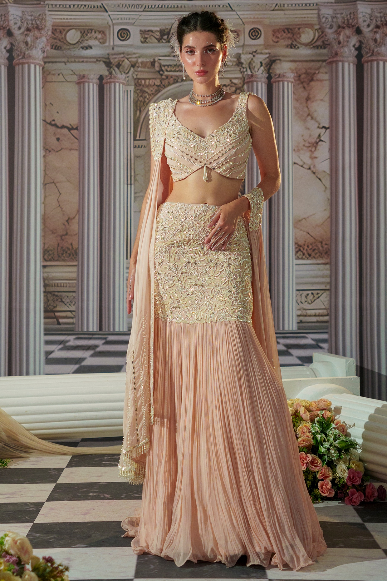 Baby Pink Georgette Embroidered Fish-Cut Wedding Lehenga Set by Nidhika ...