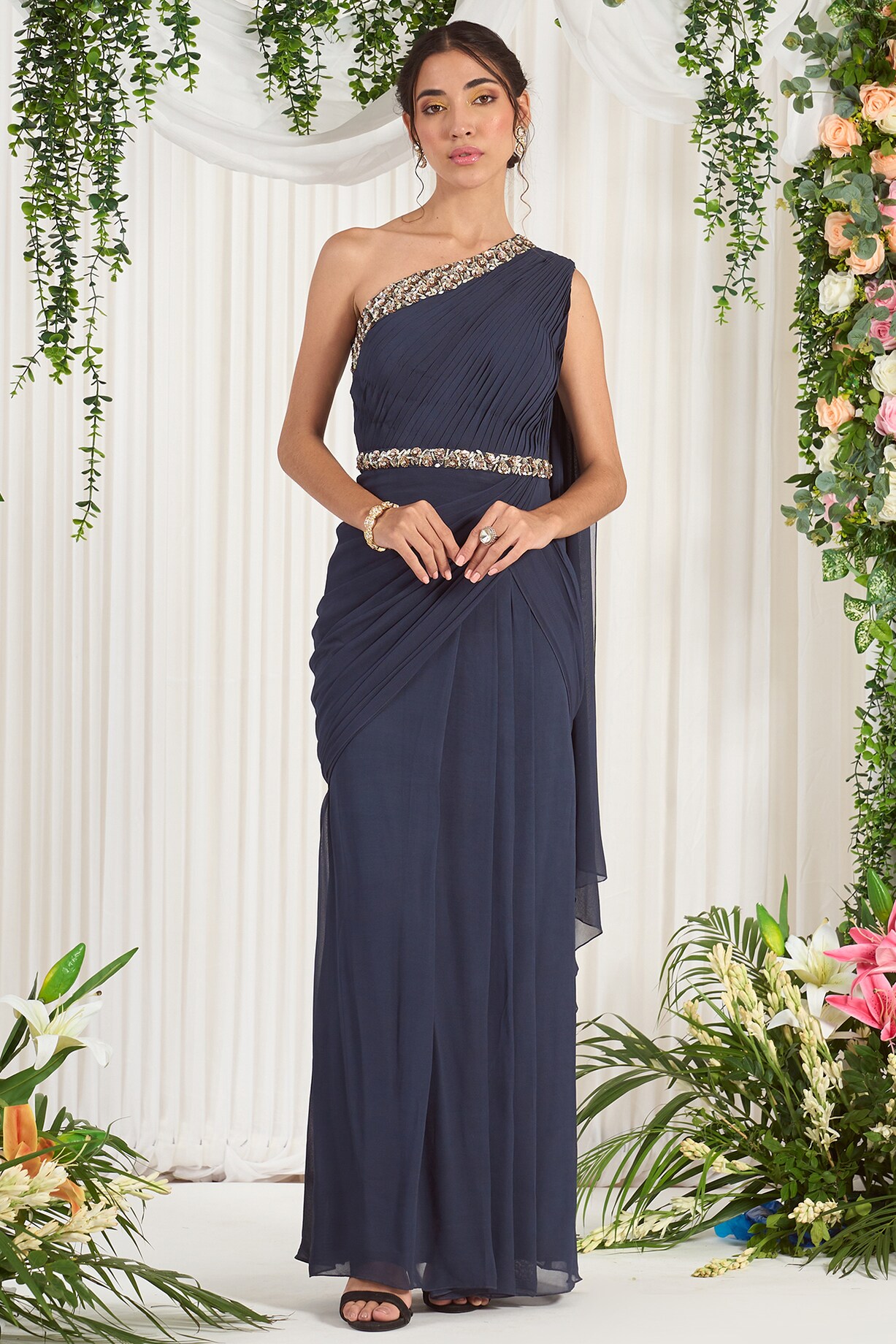 Charcoal Grey Hand Embroidered One-Shoulder Saree Gown by Nidhika ...