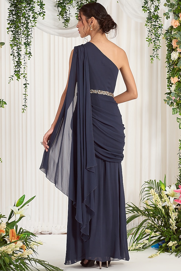 Charcoal Grey Hand Embroidered One-Shoulder Saree Gown by Nidhika ...