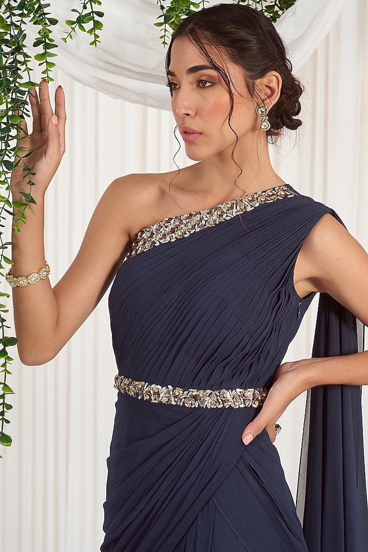 Charcoal Grey Hand Embroidered One-Shoulder Saree Gown by Nidhika ...
