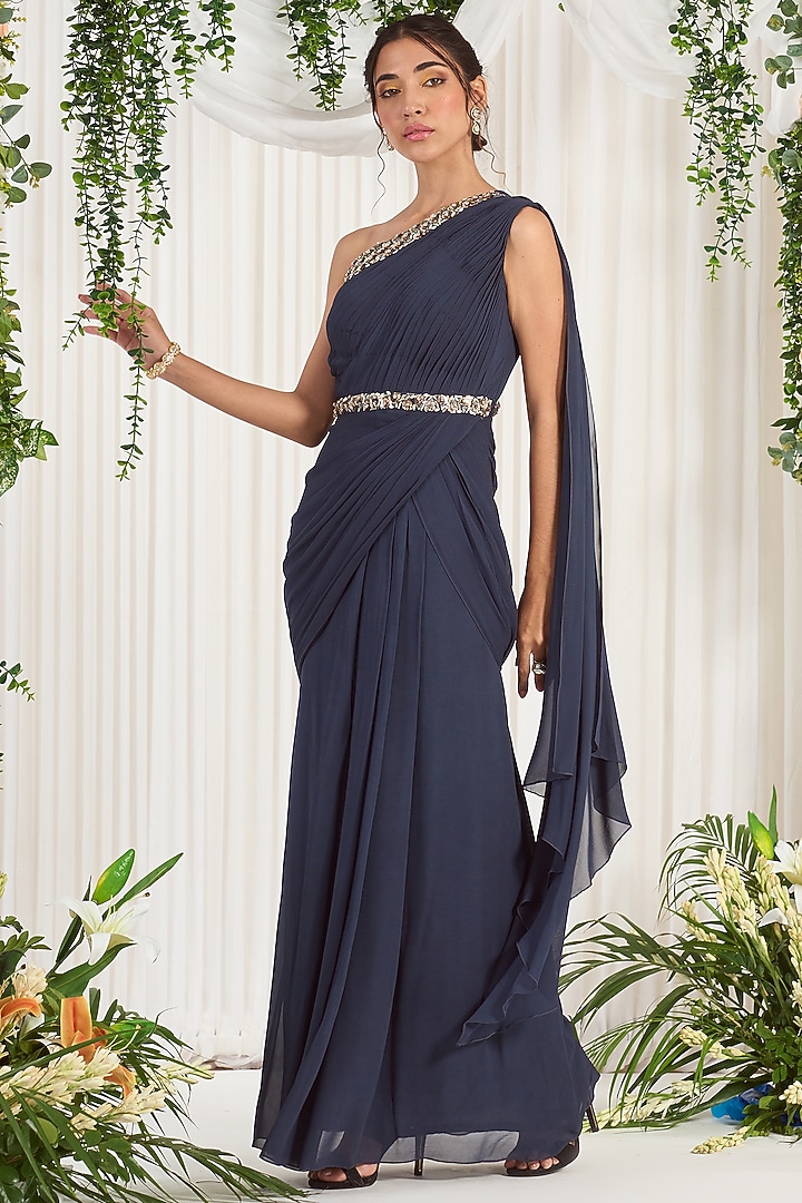 Charcoal Grey Hand Embroidered One-Shoulder Saree Gown by Nidhika ...