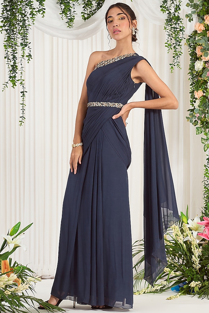 Charcoal Grey Hand Embroidered One-Shoulder Saree Gown by Nidhika ...