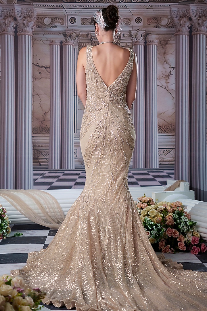 Champagne Shimmer Fabric Embroidered Fish-Cut Engagement Gown by ...