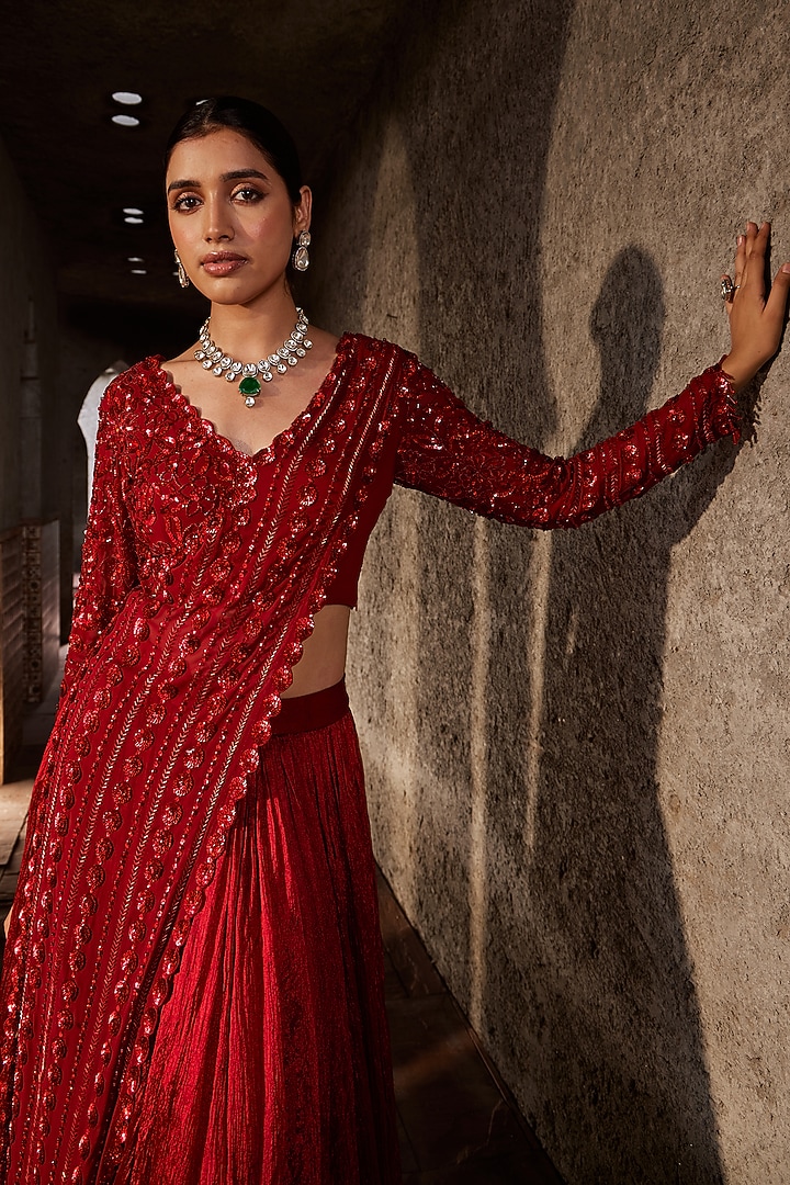 Red Crinkle Fabric Lehenga Set Design by Nidhika Shekhar at Pernia's ...