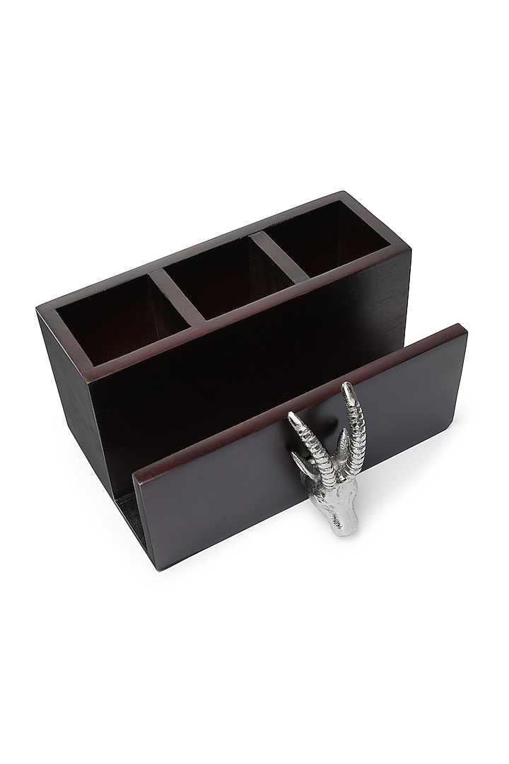 Brown & Silver Mango Wood Ram Face Cutlery Stand & Tissue Holder by ...