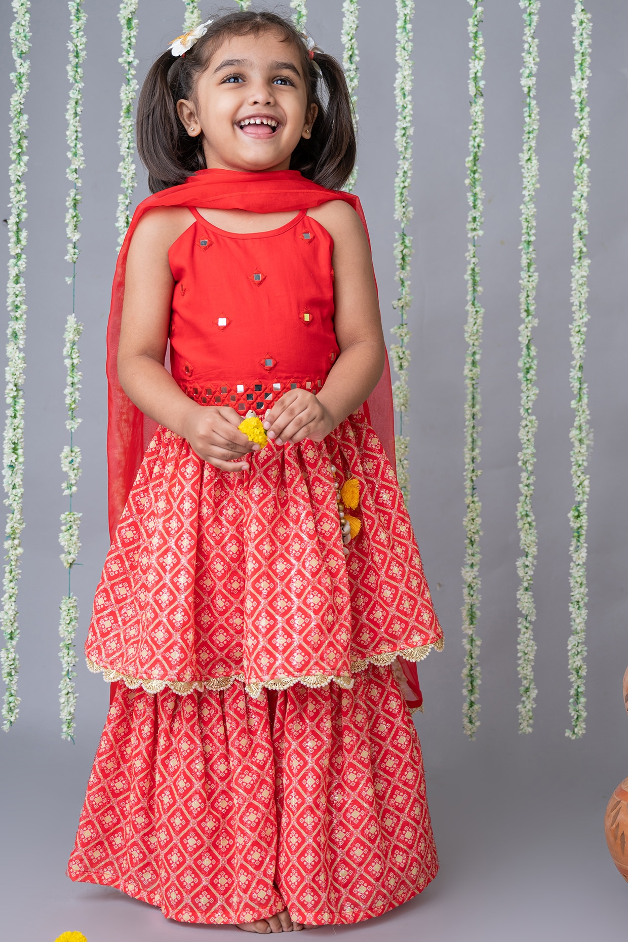 Red Cotton Satin & Georgette Printed Sharara Set For Girls by Label ...