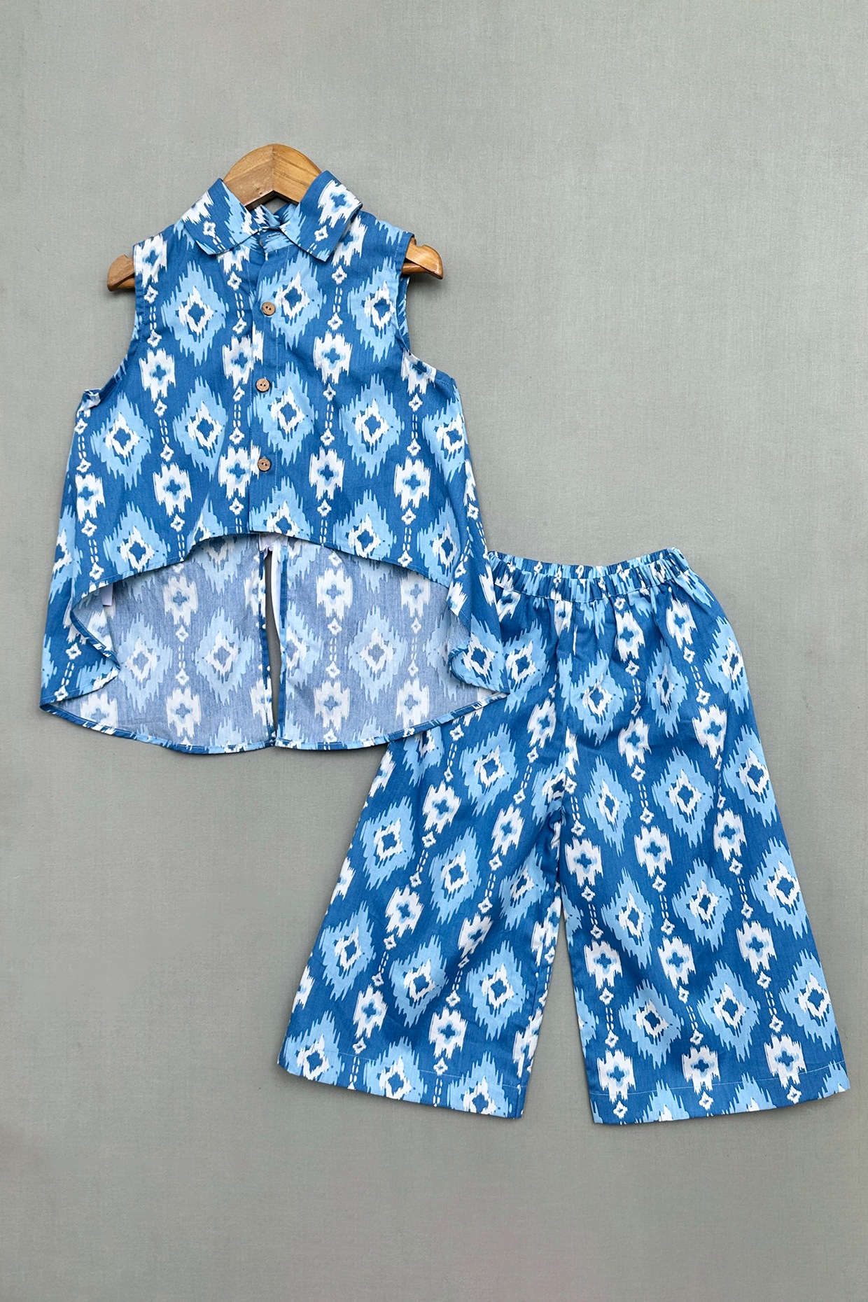 Blue Cotton Ikat Printed Co-Ord Set For Girls by Label Neeti at Pernia ...