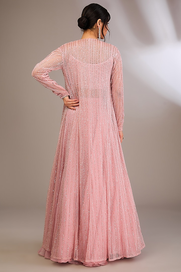 Lilac Pink Net Floral Jaal Embroidered Kalidar Jacket Set by COUTURE BY ...