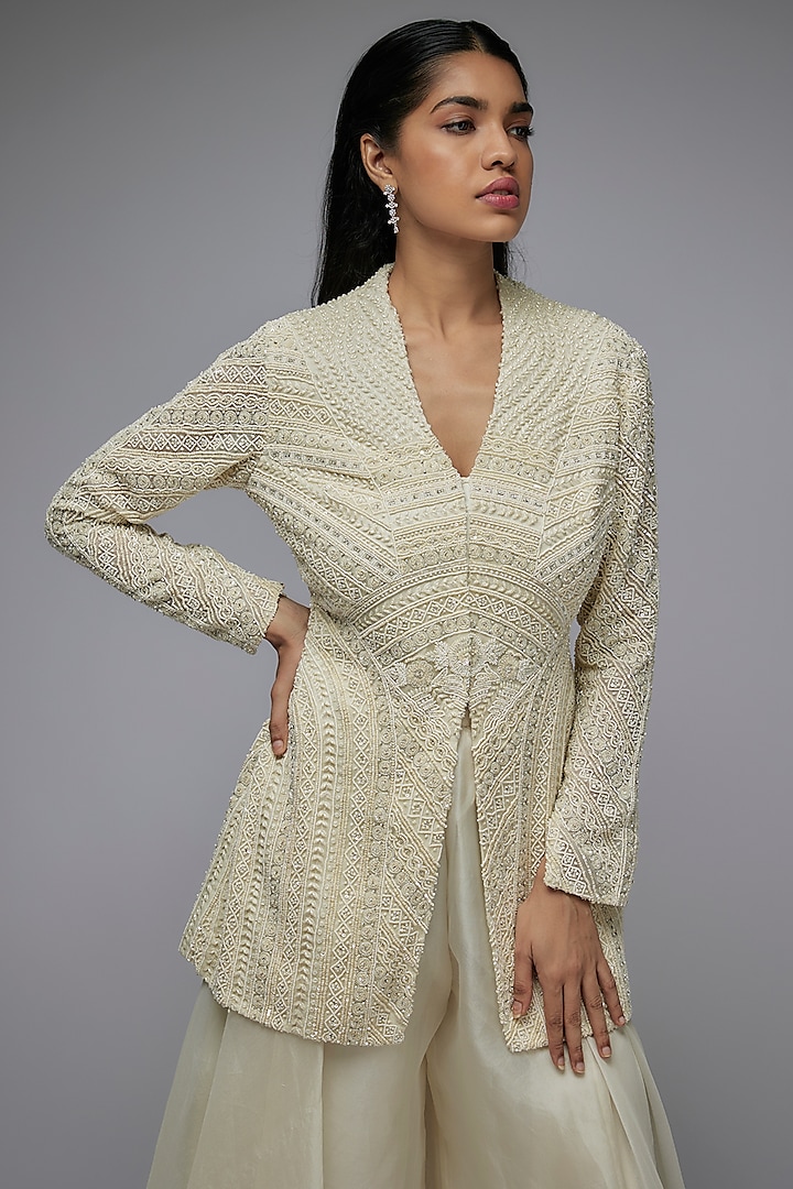 Ivory Organza Floral Embroidered Jacket Set by COUTURE BY NIHARIKA at ...