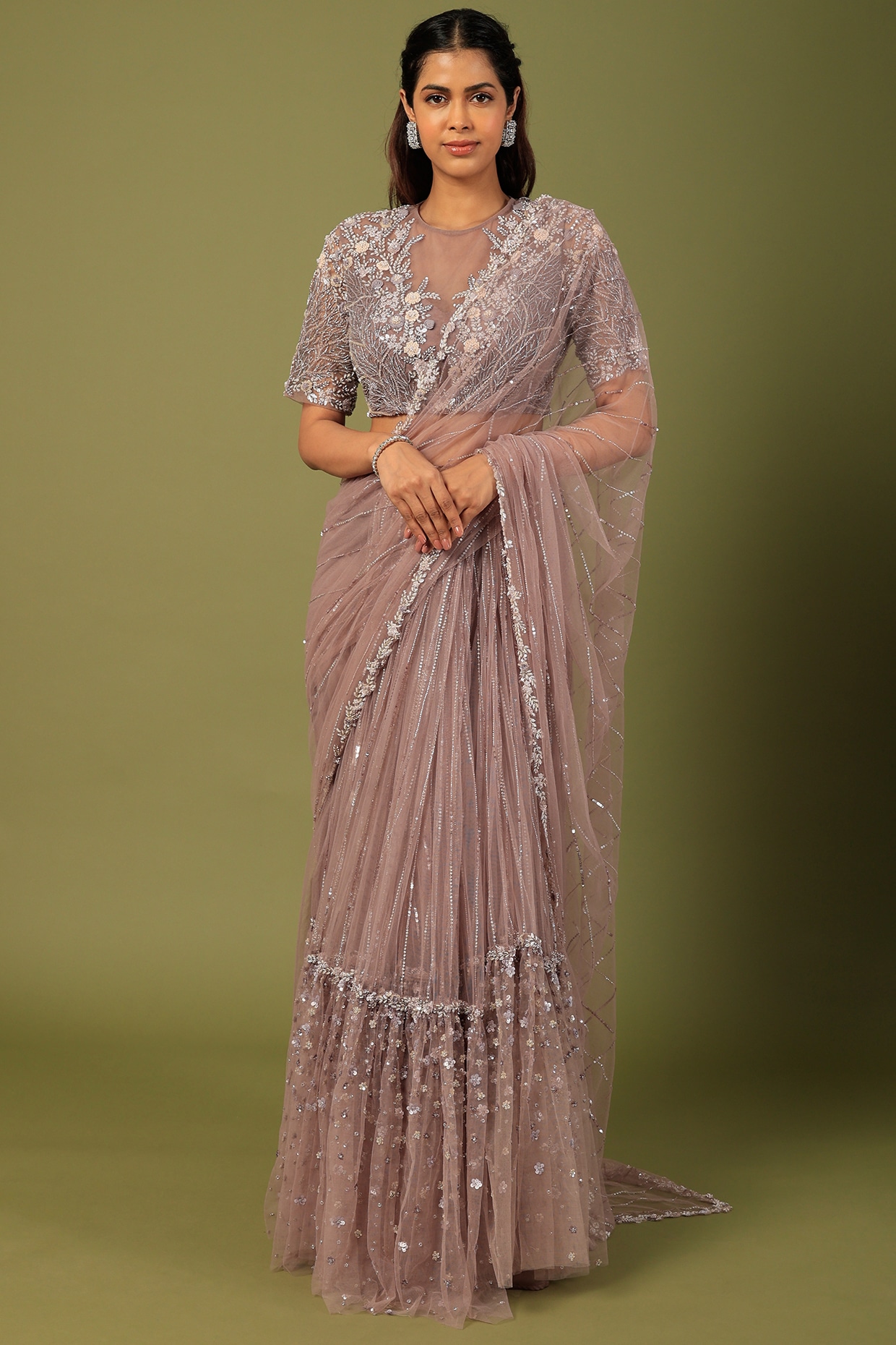 Dusty Purple Taiwan Net Embroidered Saree Set by COUTURE BY NIHARIKA at ...