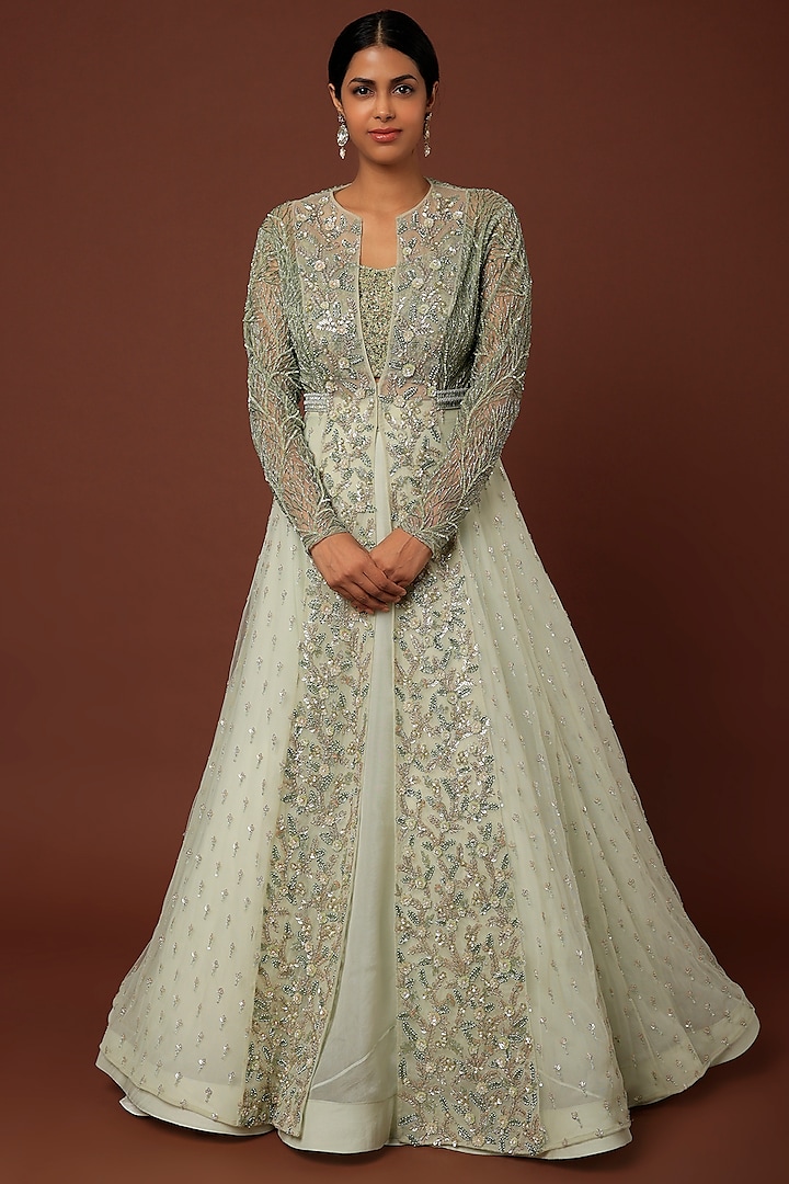 Mint Green Embroidered Wedding Lehenga Set By Couture By Niharika At