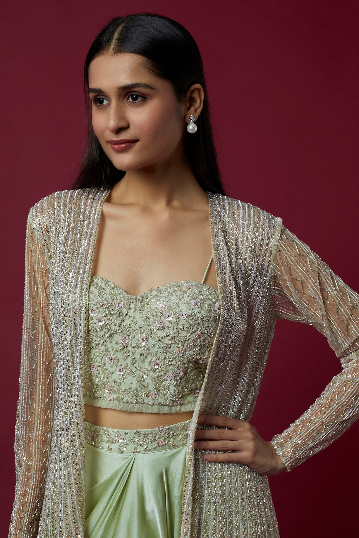 Mint Green Embroidered Kali Jacket Set by COUTURE BY NIHARIKA at Pernia ...