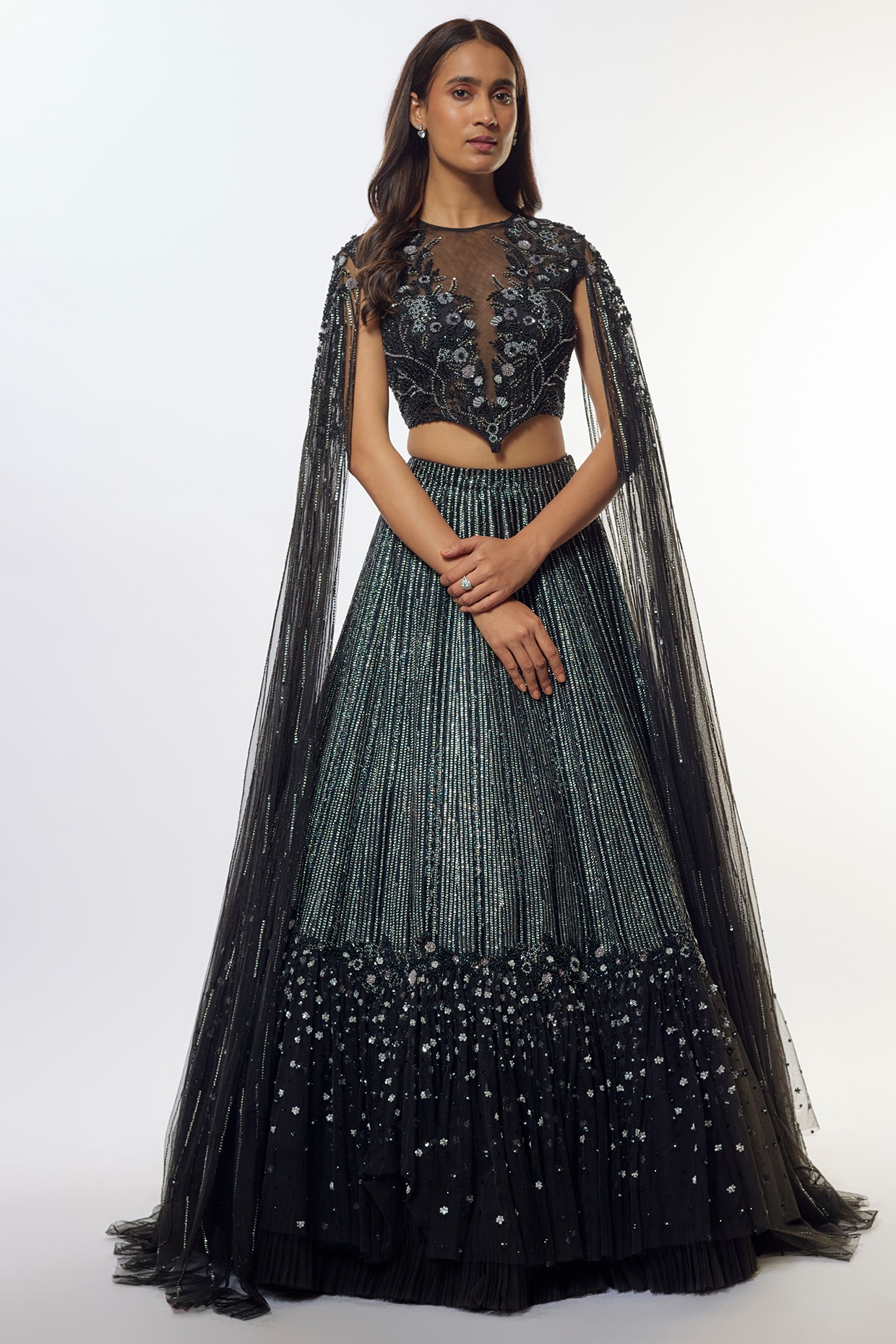 Black Organza Sequins Embroidered Bridal Lehenga Set by COUTURE BY ...