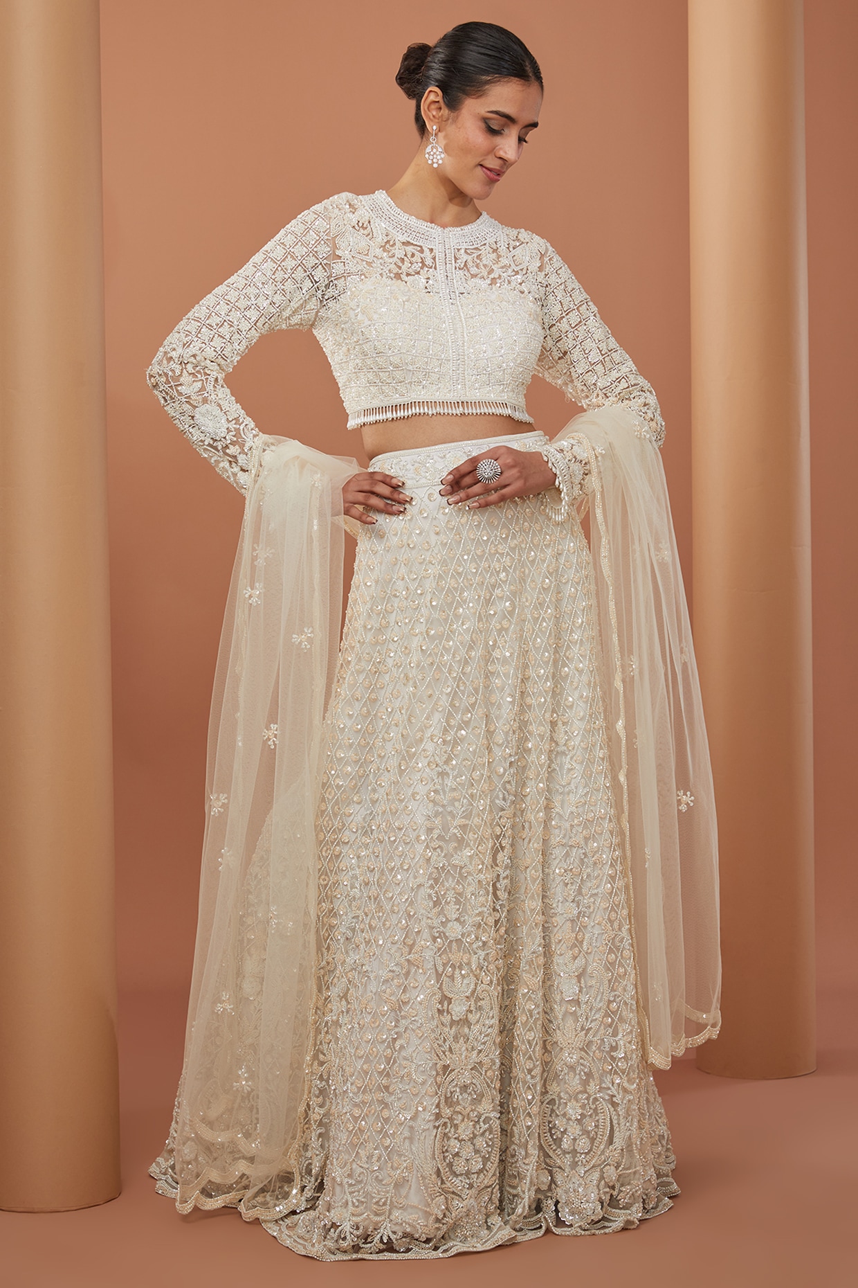 Ivory Net French Knot Hand Embroidered Bridal Lehenga Set by Neha Mehta ...