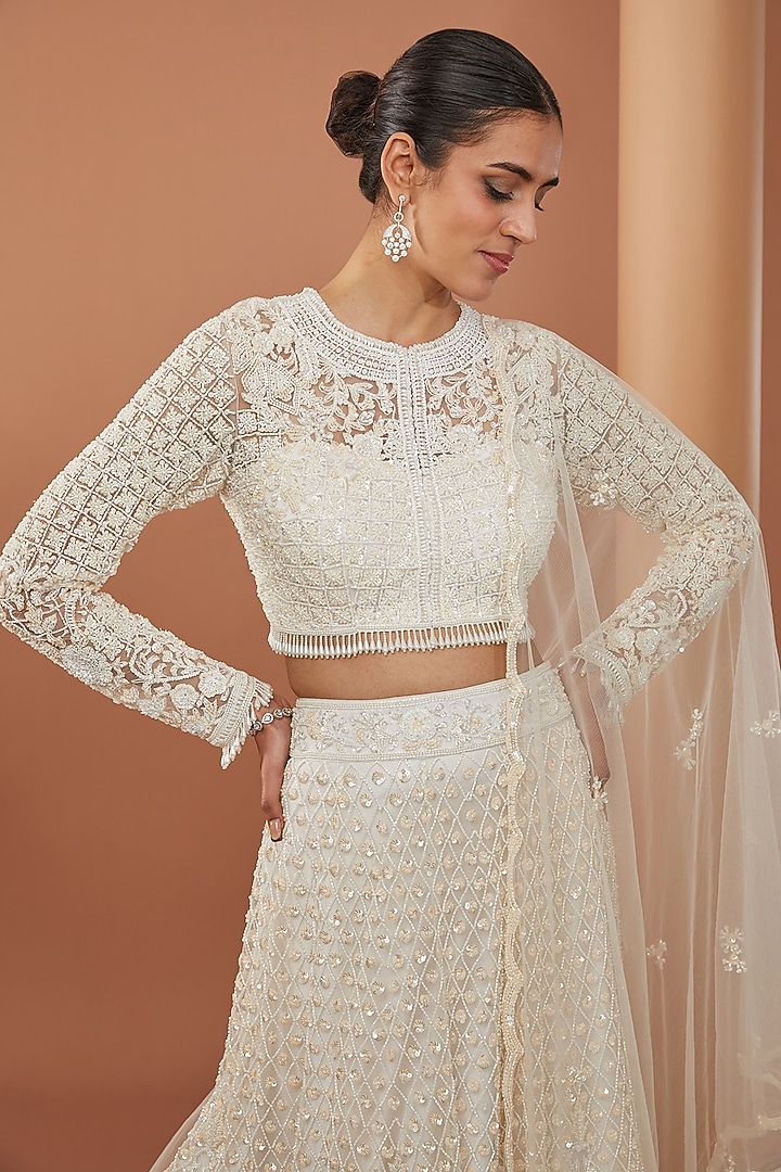 Ivory Net French Knot Hand Embroidered Lehenga Set Design by Neha Mehta ...