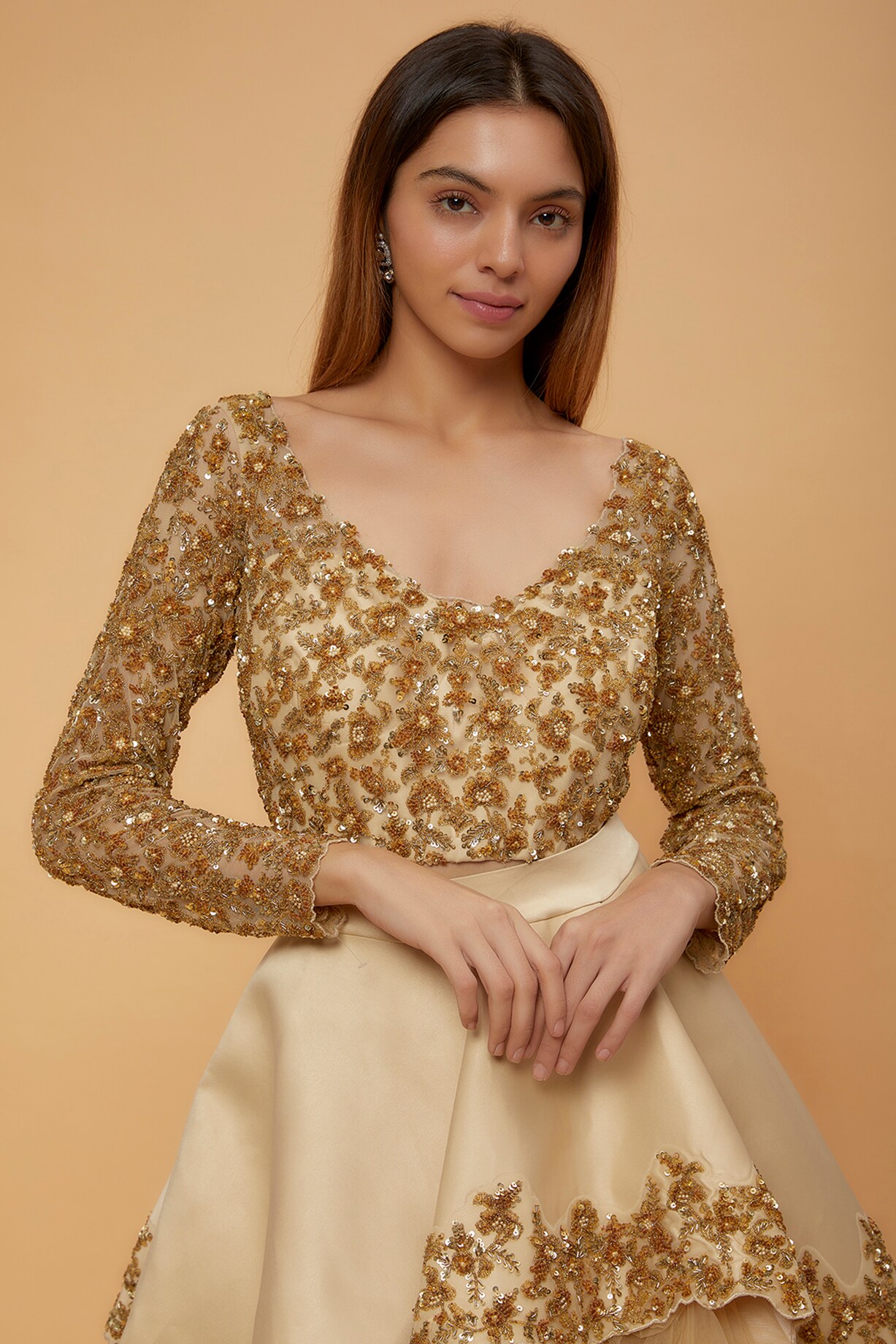 Gold Habutai Silk Embroidered Skirt Set by Neha Mehta Couture at Pernia ...