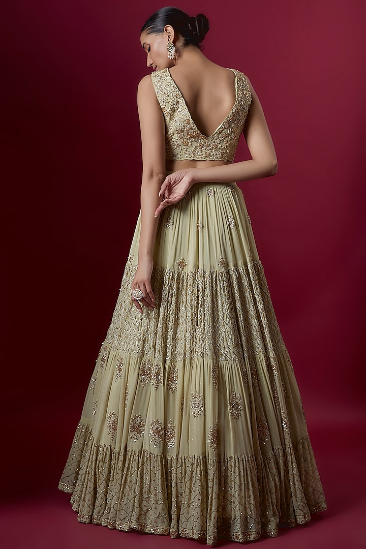 Sage Green Silk Hand Embroidered Bridal Lehenga Set by Neha Mehta ...