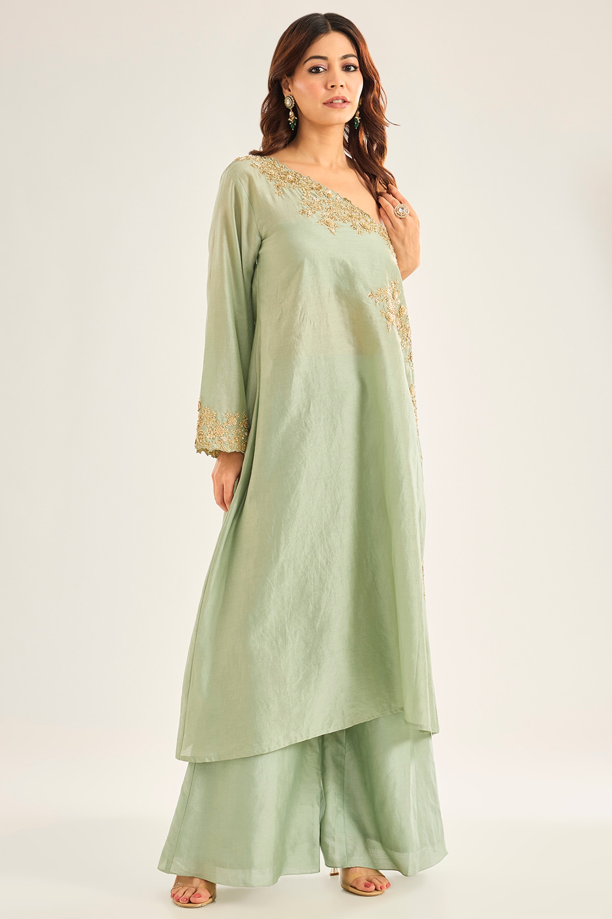 Sage Green Chanderi Silk Hand Embroidered Kurta Set by Neha Mehta ...