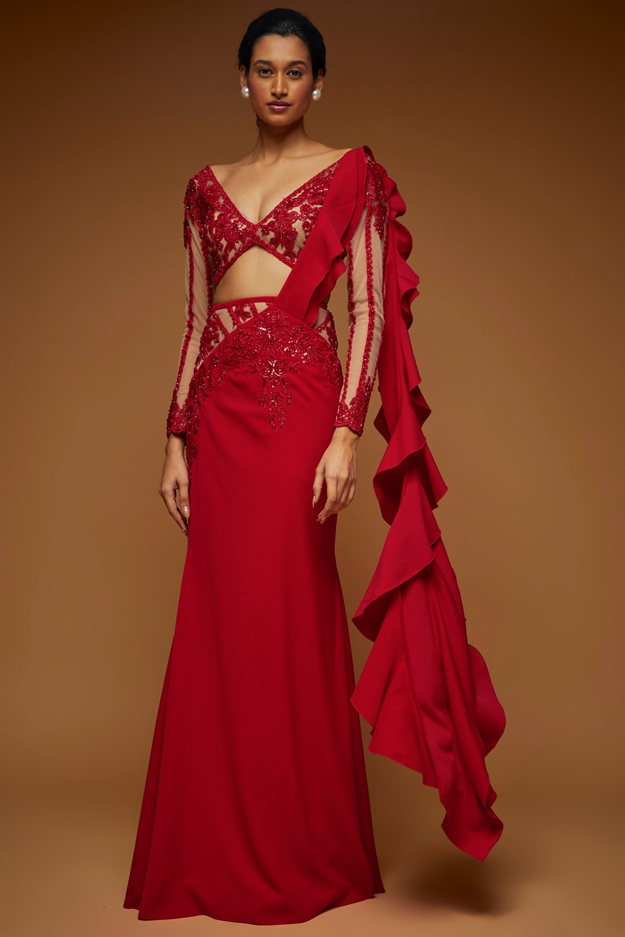 Poinciana Red Double Georgette Sequins Embellished Concept Saree Set by ...