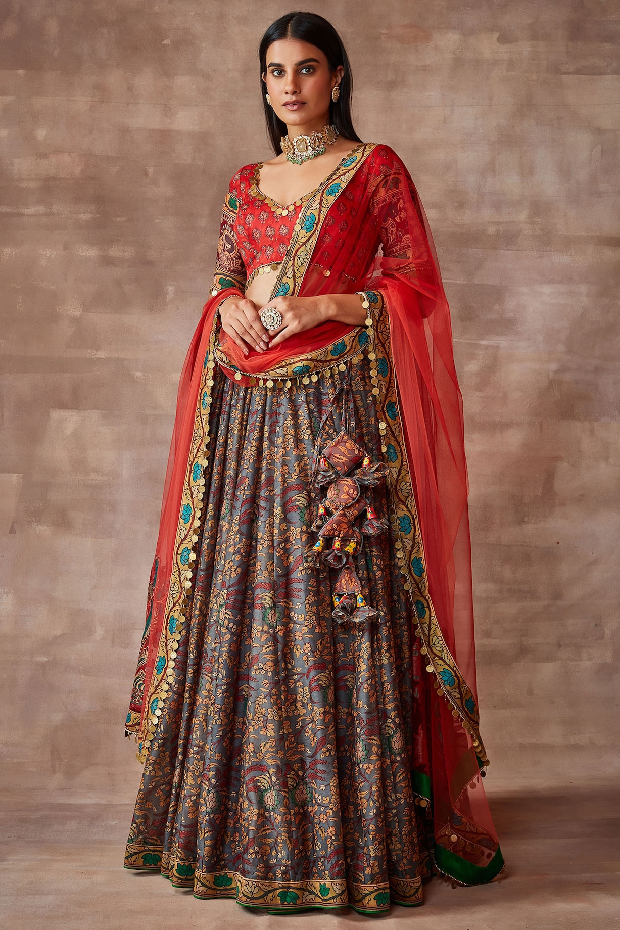 Crude Green Chanderi Silk Block Printed Wedding Lehenga Set by Neeta ...