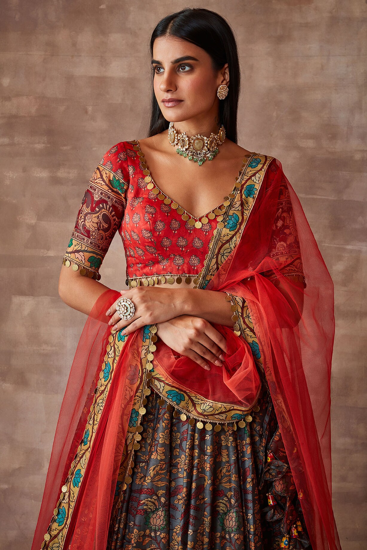 Crude Green Chanderi Silk Block Printed Wedding Lehenga Set by Neeta ...