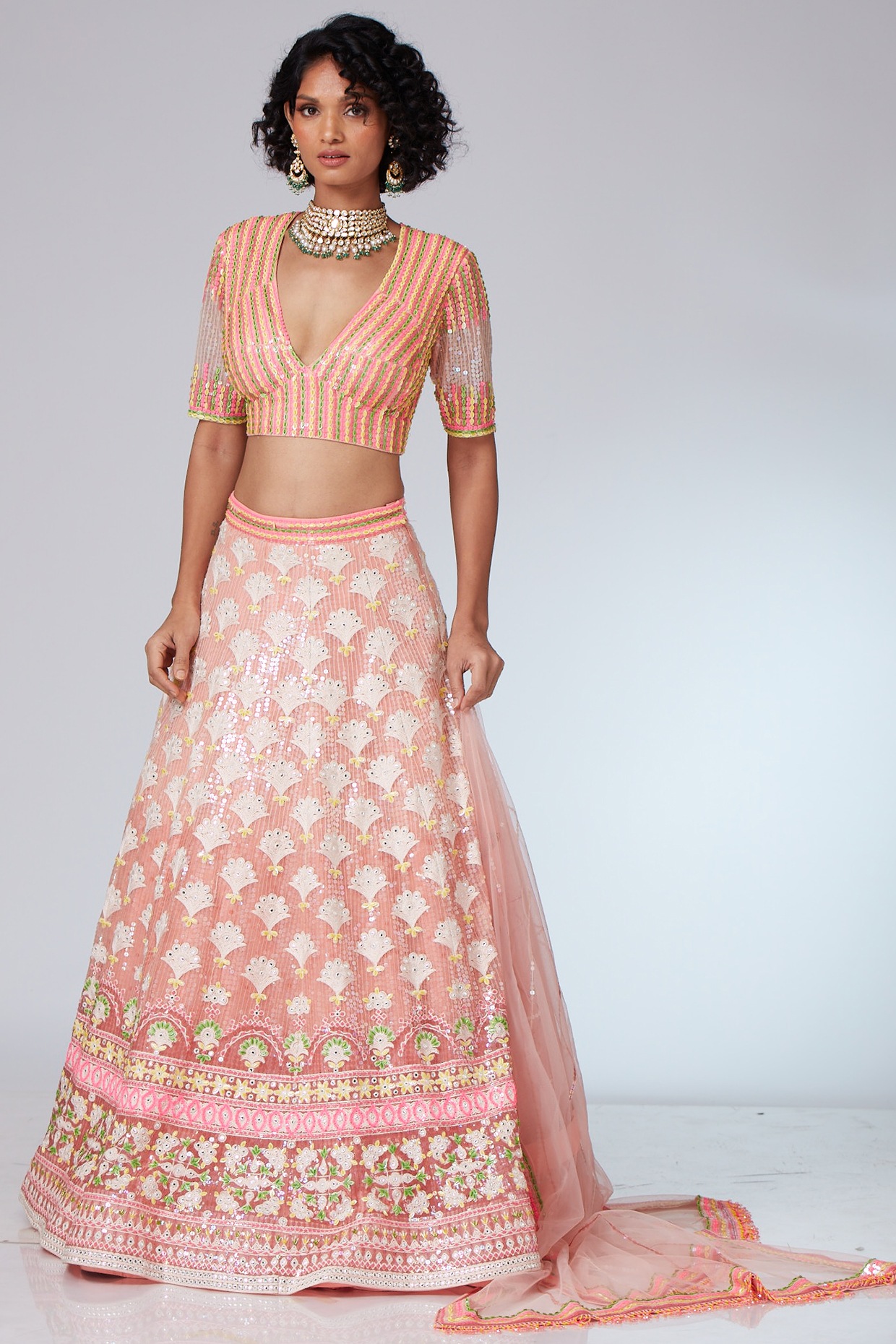 Apricot Blush Ombre Tulle Embroidered Bridal Lehenga Set by Neeta Lulla ...