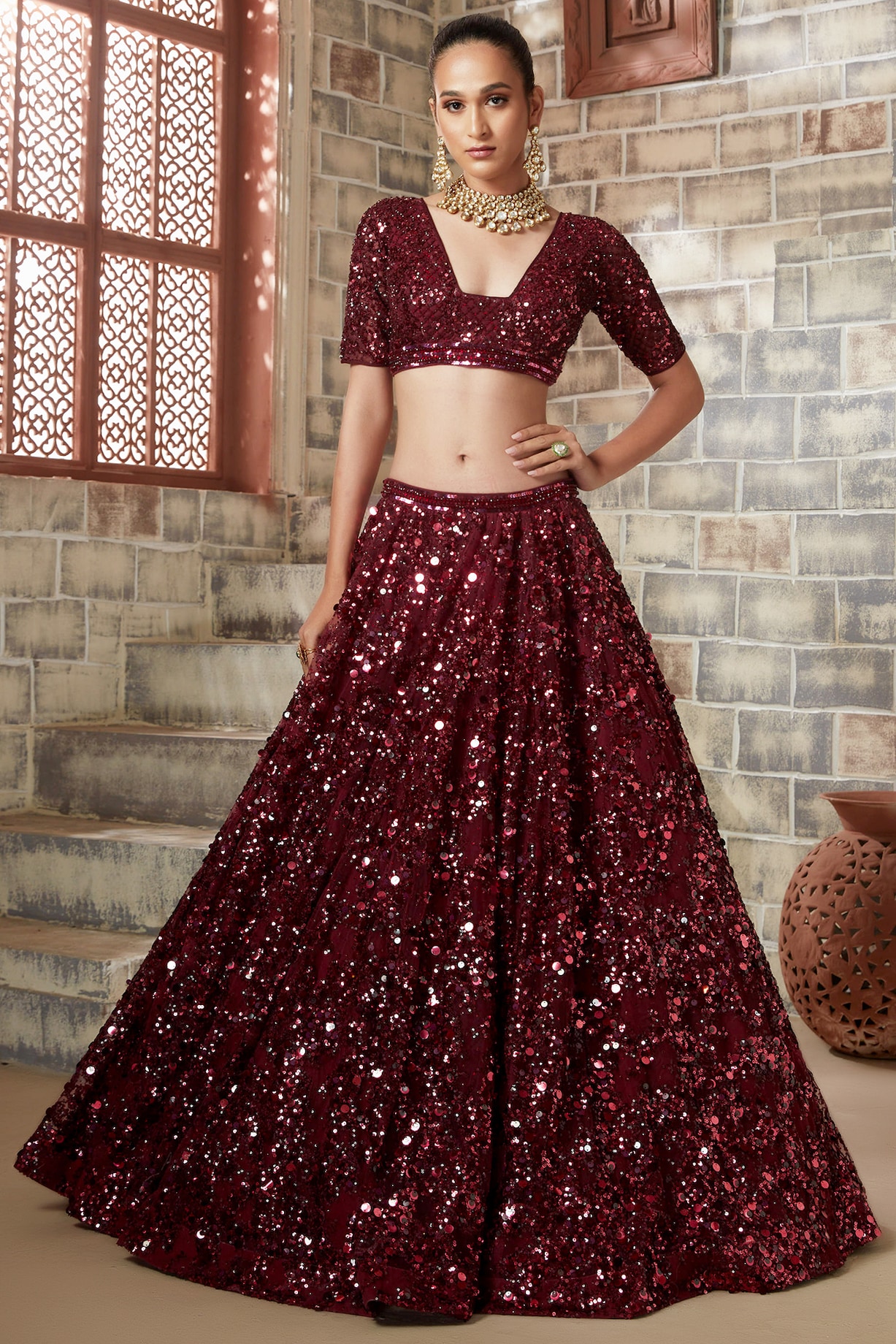 Maroon Tulle Embroidered Bridal Lehenga Set by Neeta Lulla at Pernia's ...
