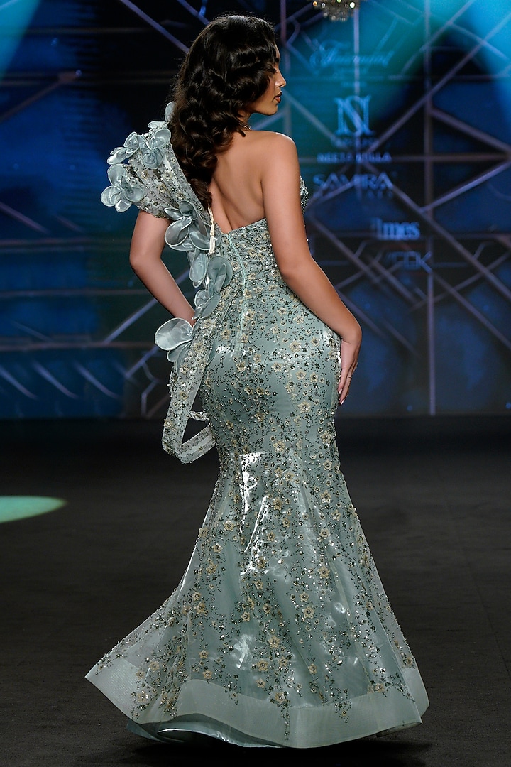 Aqua Green Satin Tissue Sequins Embellished Mermaid Wedding Gown by ...