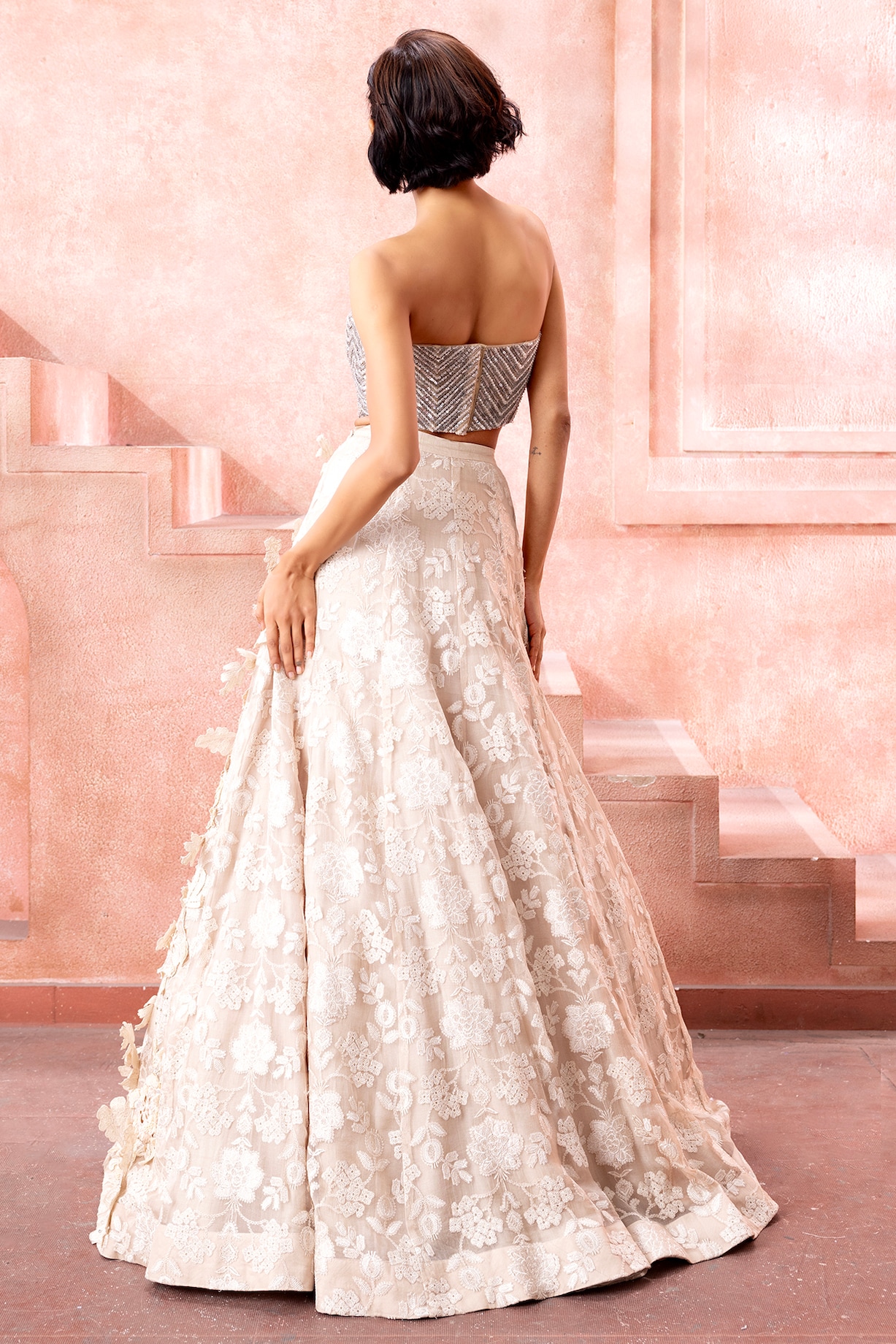 Ecru Organza 3D Floral Applique Embroidered Trail Bridal Lehenga Set by ...