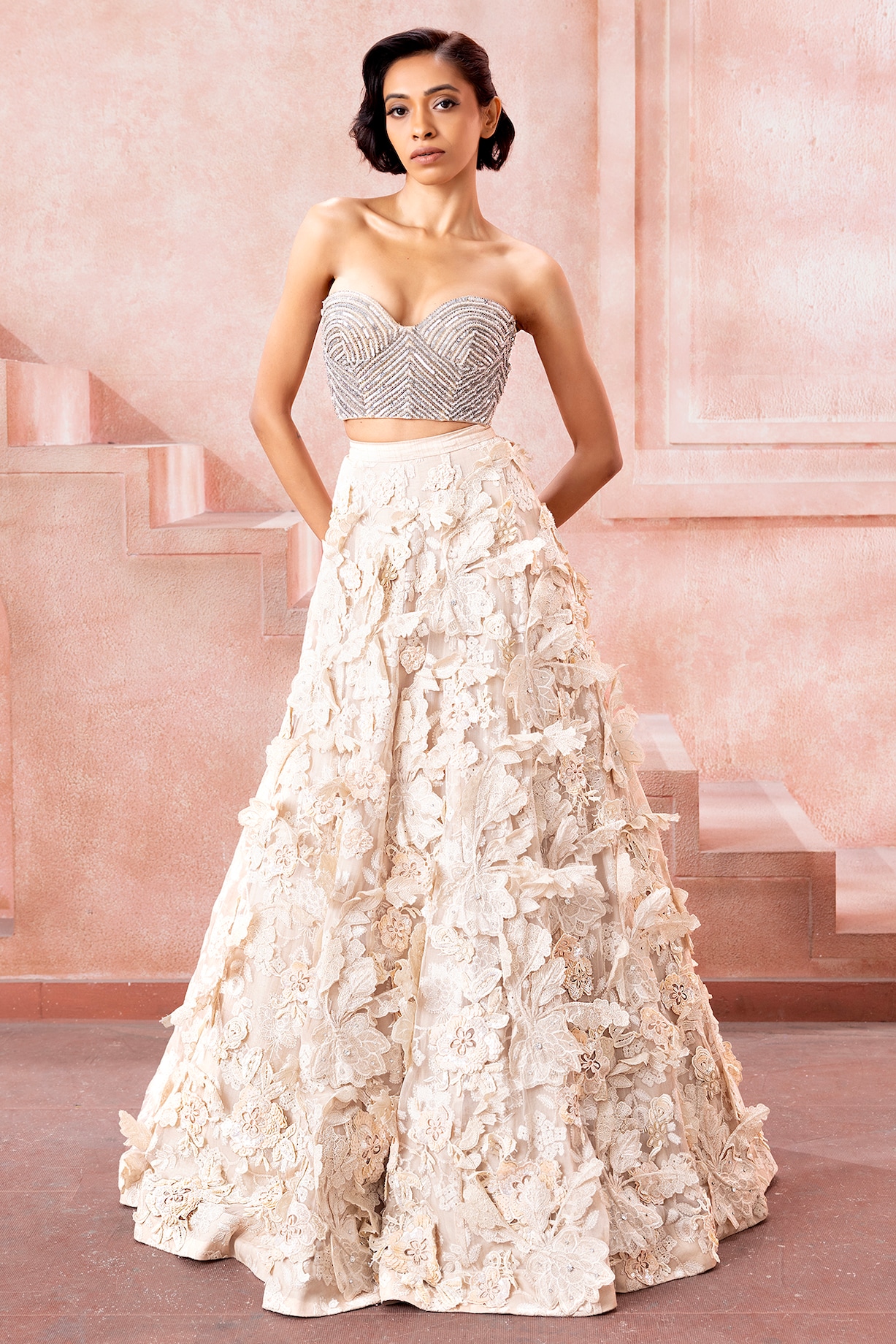 Ecru Organza 3D Floral Applique Embroidered Trail Bridal Lehenga Set by ...