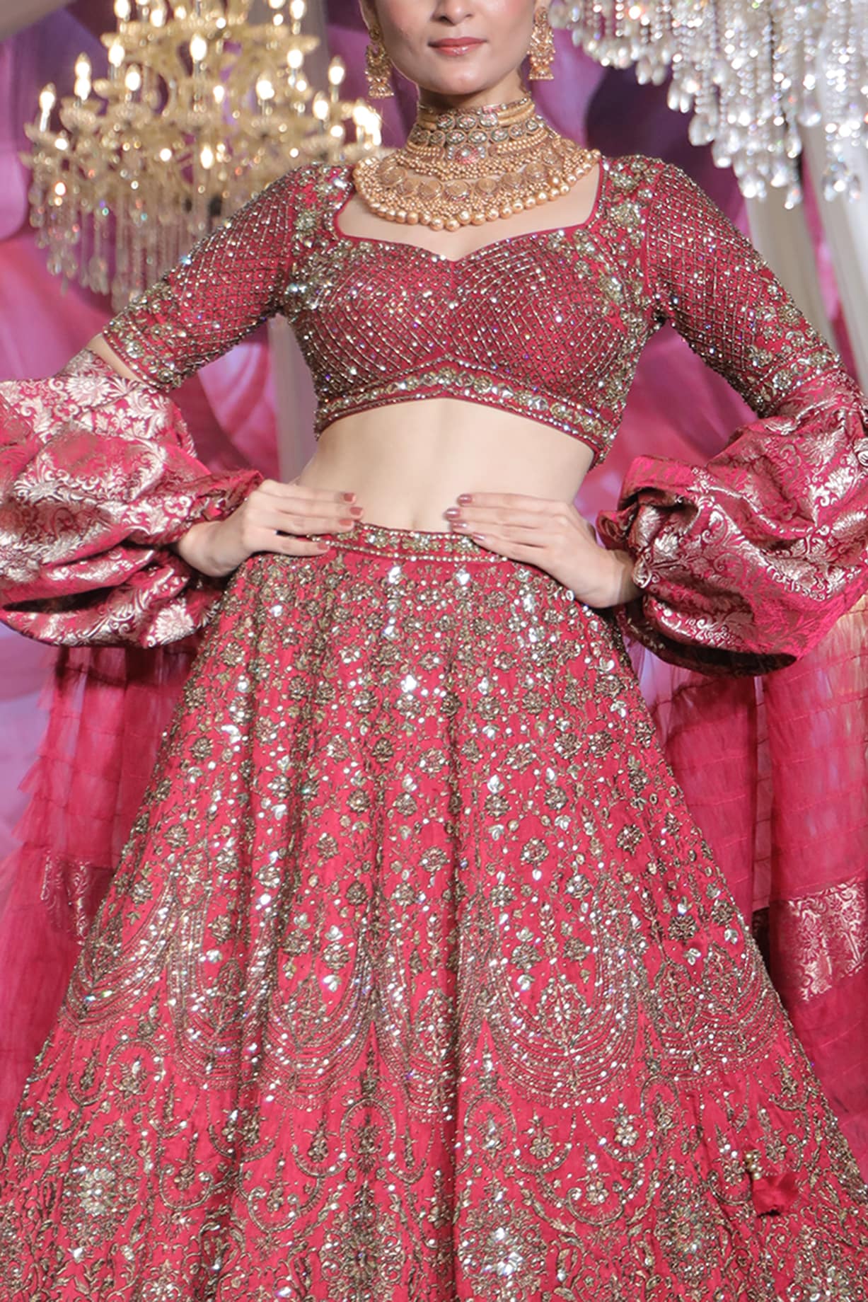 Maroon Raw Silk Pearl & Cutdana Embellished Bridal Lehenga by Neeta ...
