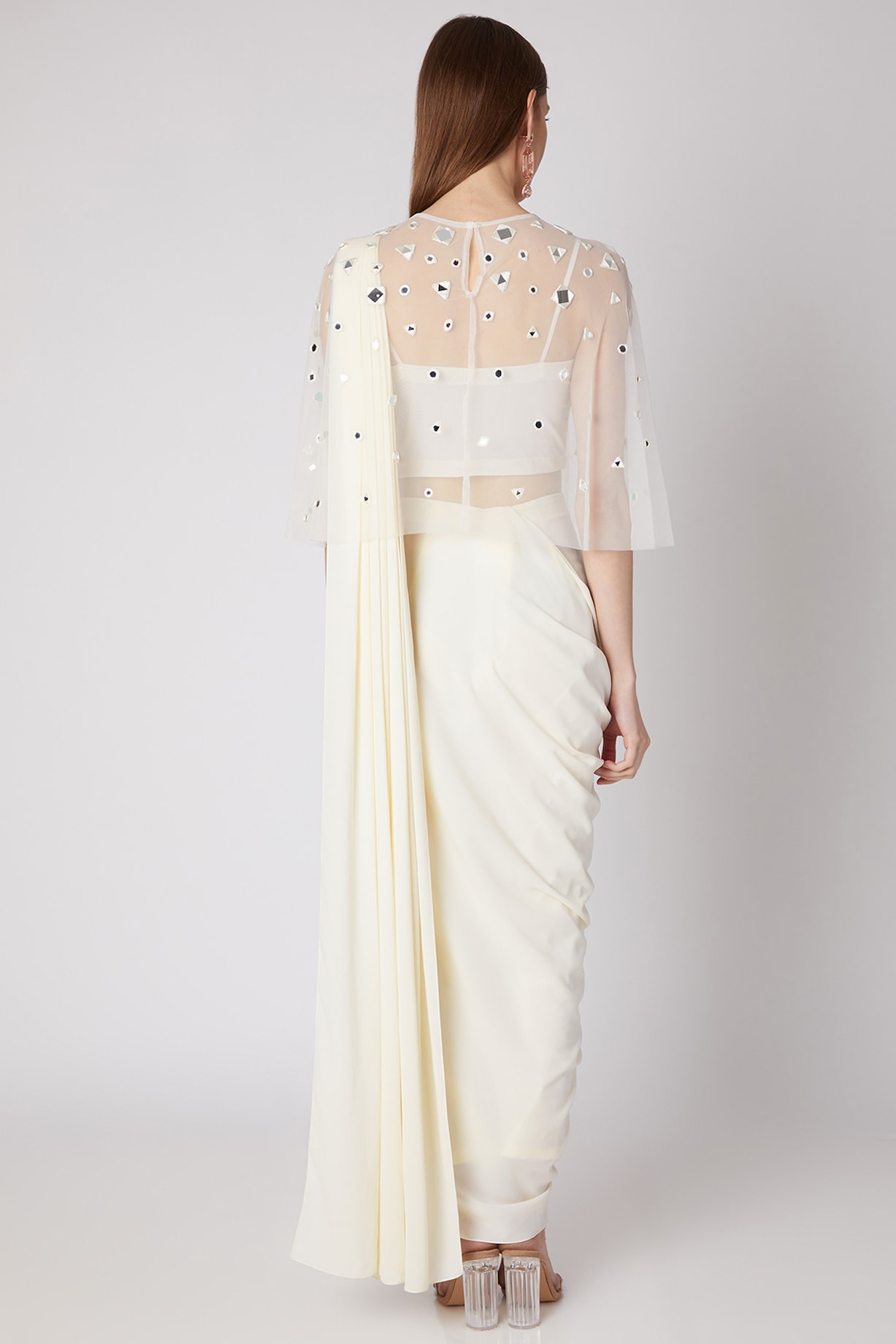 Off White Embroidered Dhoti Saree Set With Cape by Neeta Lulla at ...