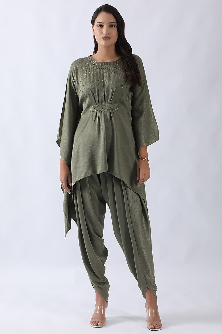 Olive Green Sandwash Satin Nalki & Moti Embroidered Kaftan Set by ...