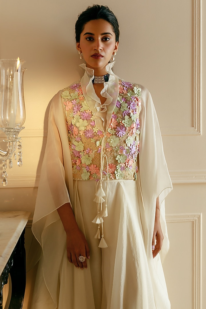 Off-White Organza Hand Embroidered Jacket Set Design by Nehha Nhata at ...