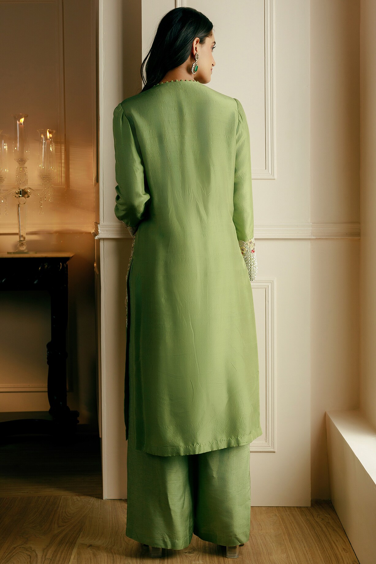 Olive Silk & Organza Hand Embroidered Kurta Set by Nehha Nhata at ...