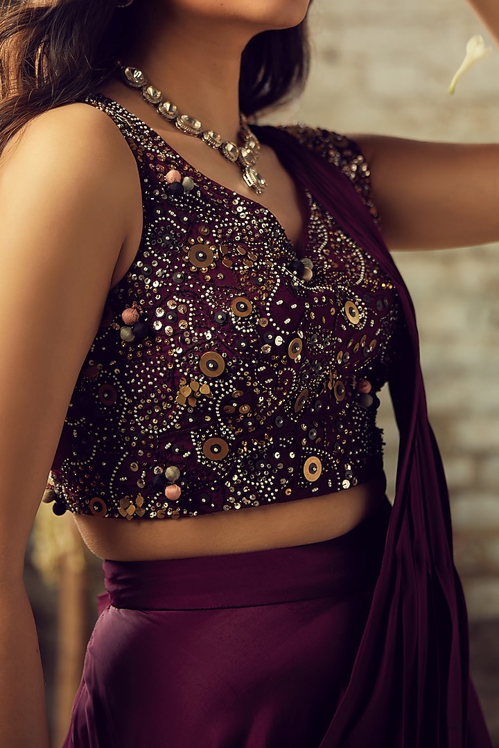 Wine Crepe Hand Embroidered Sharara Saree Set by Nehha Nhata at Pernia ...