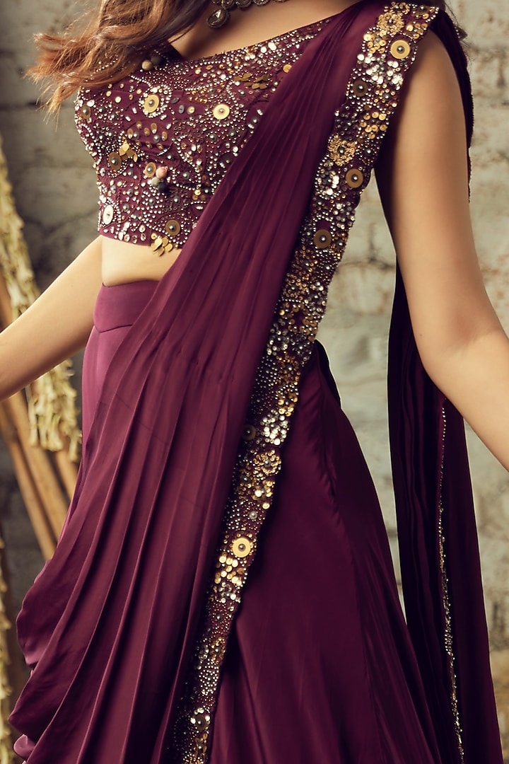 Wine Crepe Hand Embroidered Sharara Saree Set by Nehha Nhata at Pernia ...